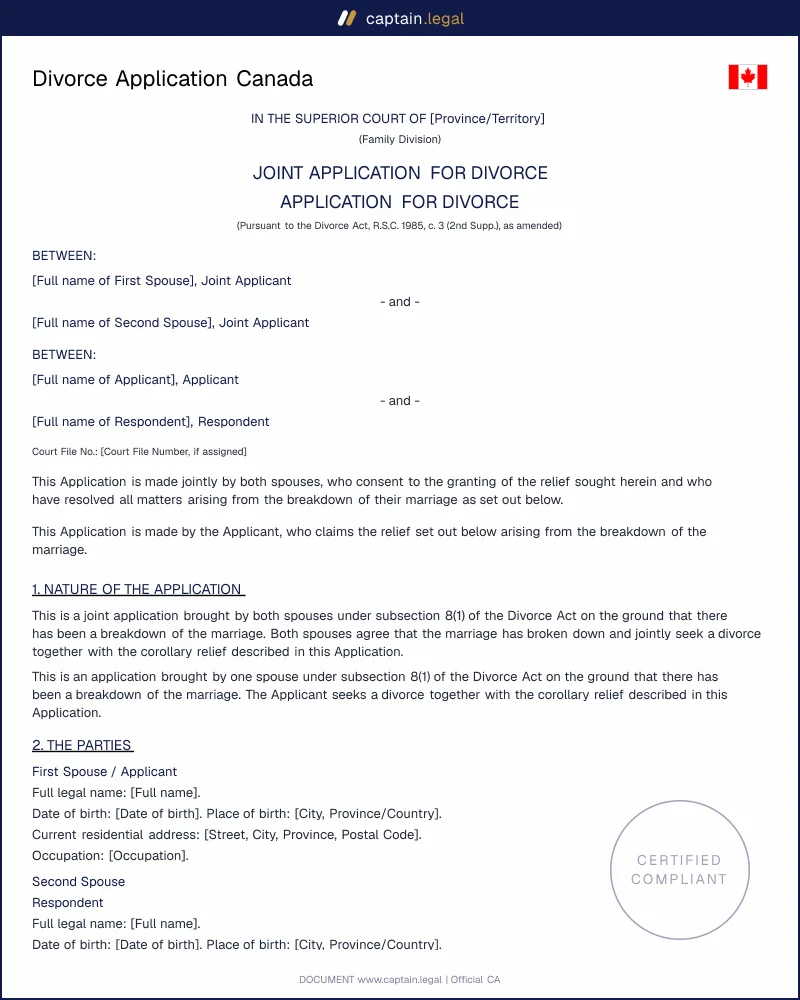 Divorce Application Canada | Joint Divorce Form Word PDF
